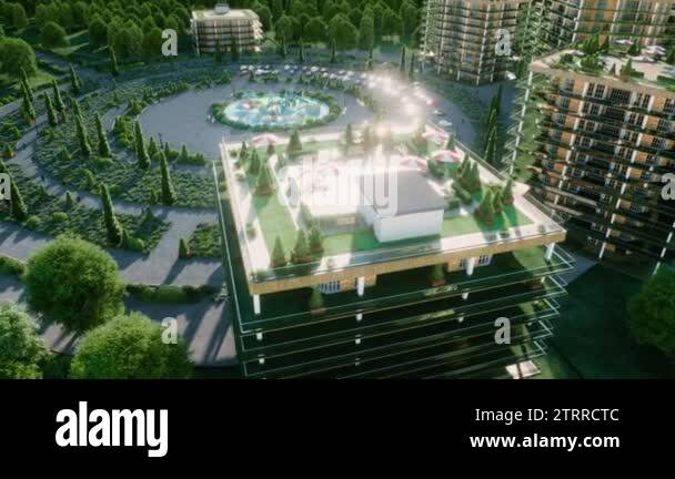 City, town architectural 3d visualization. Aerial view. Realistic 4k ...