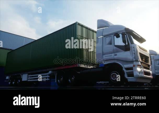 Truck in container depot, wharehouse, seaport. Cargo containers ...