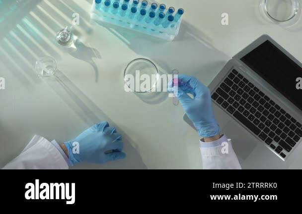 Research lab assistant mixing reagents, observing cleavage and ...