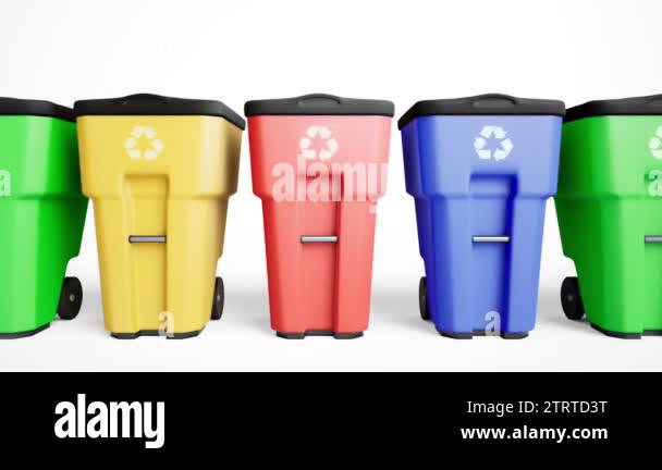 Colored plastic trash bins set in a row. ?amera slides along waste ...