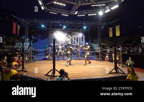 Two Medieval Knight Fighting In An Arena With Swords And Shields. Slow ...