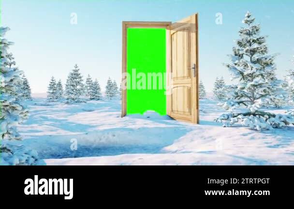 Flight through an open door. Portal through winter landscape. Green ...