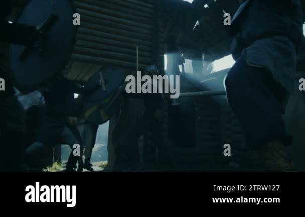 Medieval Battle Reenactment. Viking and Slav Warriors Fight With Swords ...