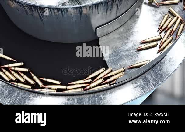 Process of production of bullets. Industrial concept. Factory equipment ...