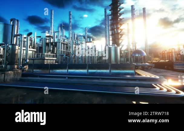 Refinery. Petrolium, chemical plant. Metal Pipe. Realistic cinematic 4k ...