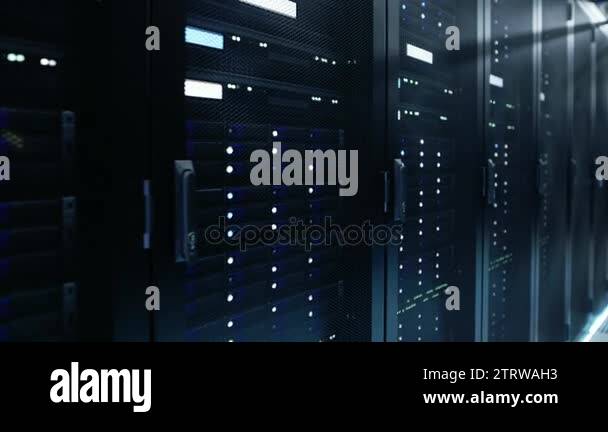 Camera Moves Along Ultra Modern Server Racks in Working Data Center ...
