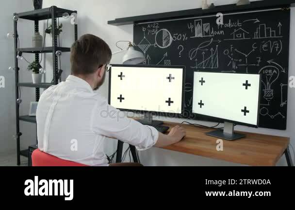 Multitask Business Connections Green Screen. Man Working with two ...