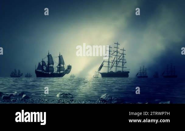Naval Battle in the Ocean Between Sailing Ships Armies Stock Video ...