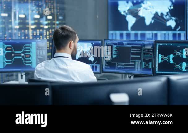 Back View in the System Control Center Operator Working. Multiple ...