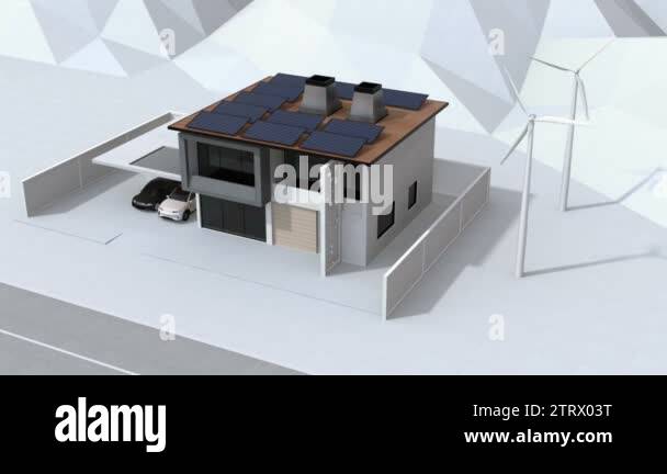 Smart home powered by solar panels and wind turbine. Electric vehicle ...
