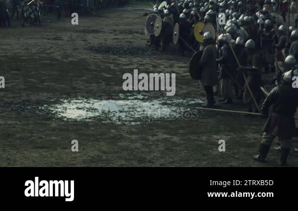 Crowd of People Dressed like Viking Warriors Advancing During Slavs and Vikings Festival ...