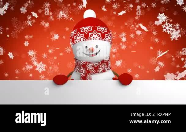 Beautiful Happy Snowman in Red Cap Greeting with Hand and Smiling at ...
