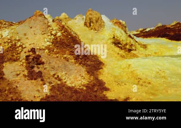 close-up footage of sulfur rock, volcanic depression of dallol ...