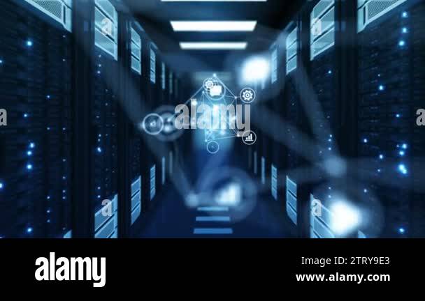 Beautiful Blue Network Icons Flowing in Futuristic Datacenter Room Server Racks Rows. Looped 3d ...