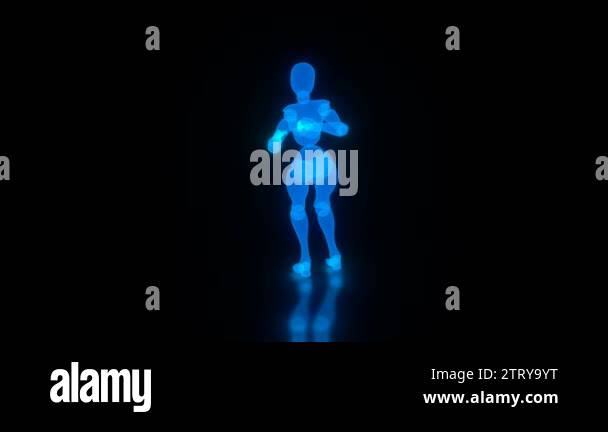 Dancing blue glowing 3d character artificial intelligence from polygons on a reflective floor on ...