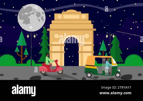 Cartoon India Gate in Delhi at a Full Moon Night with Rickshaws Passing ...