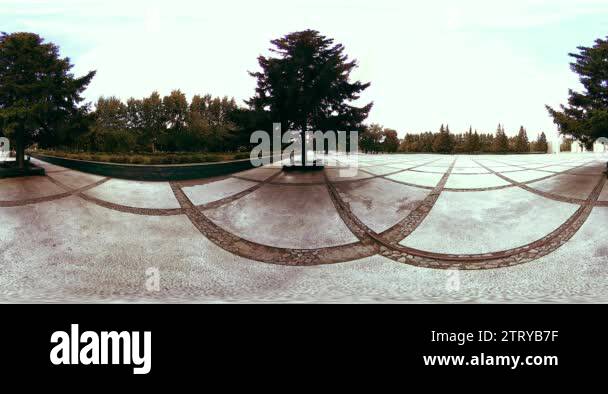 UHD 4K 360 VR Virtual Reality of a city park recreation area. Trees and ...