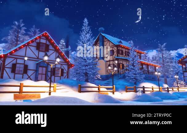 Snow covered european village high in alpine mountains with half ...