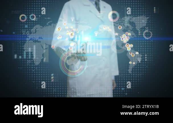 Doctor touching digital screen, connected people, using communication ...