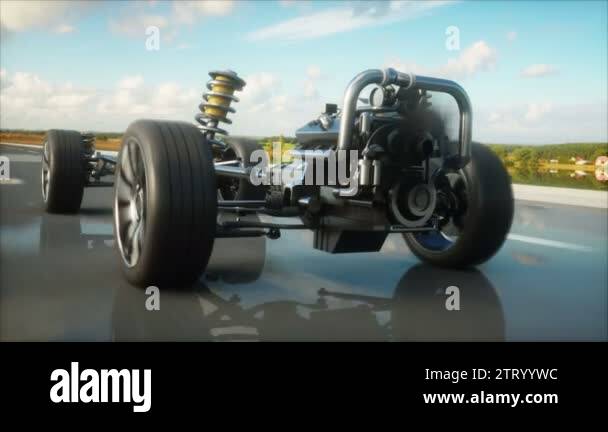 Car chassis with engine on highway. Very fast driving. Auto concept ...