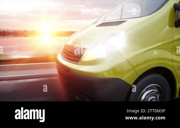 Yellow delivery van on highway. Very fast driving. Transport and ...