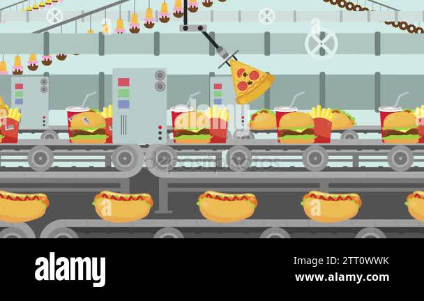 Cartoon Junk Food Factory Filled with different kind of Fast Food Stock ...
