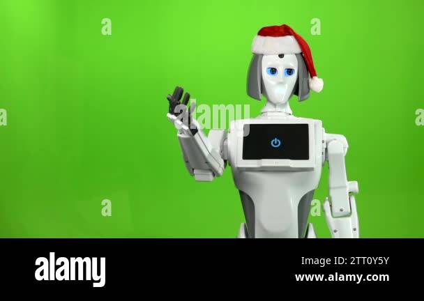 Robot in a red hat is waving goodbye. Green screen. Slow motion Stock ...