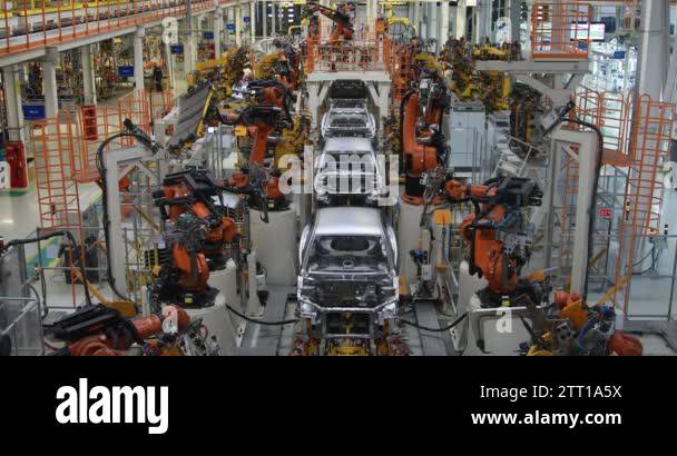 body of car on conveyor top view. Modern Assembly of cars at the plant ...