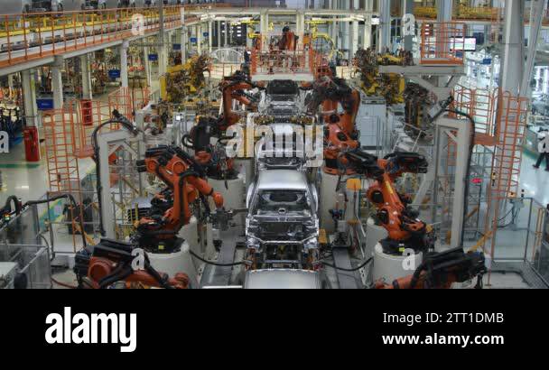 body of car on conveyor top view. Modern Assembly of cars at the plant ...