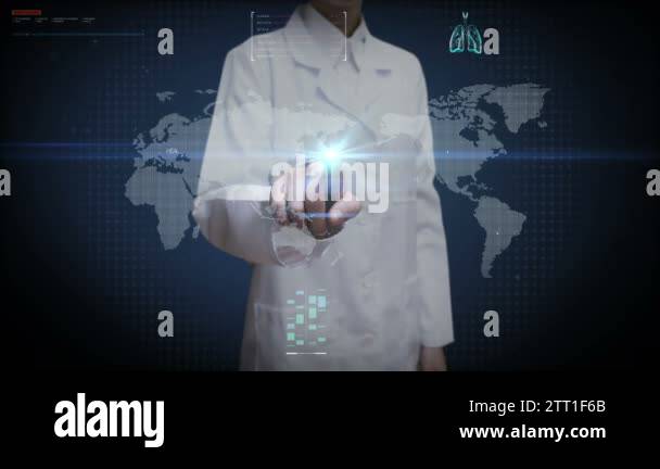 Female doctor touching digital screen, World Medical health care ...