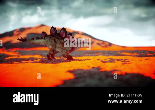 Volcanic Eruption. Dinosaur. Prehistoric period, rocky landscape ...
