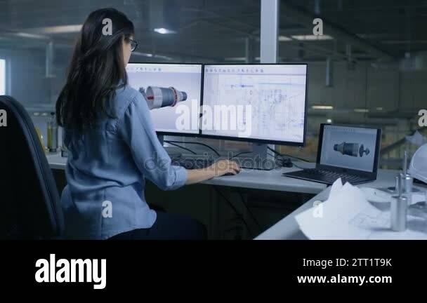 Chief Female Engineer Designs on 3D Model of a Turbine or Engine Part ...