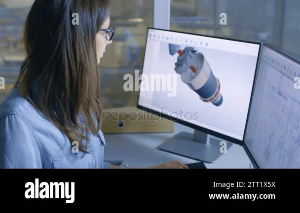Female Industrial Engineer Works on 3D Turbine/Engine Model in CAD ...