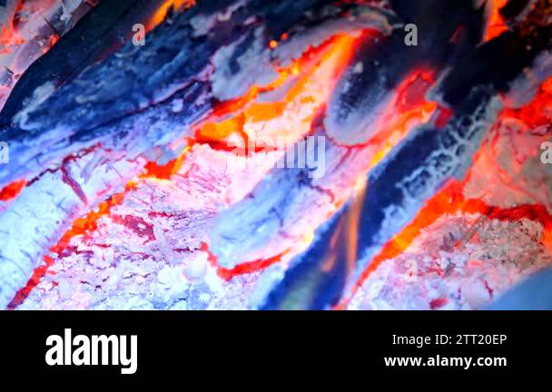 Detail of blue fire of burning hardwood. Burning woods in shiver hot ...