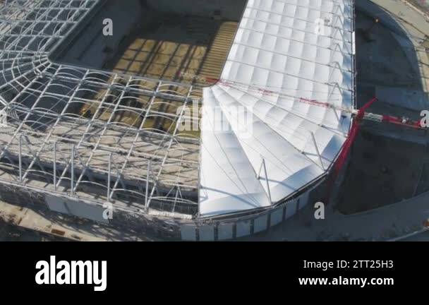 Aerial view on construction and reconstruction of football stadium ...