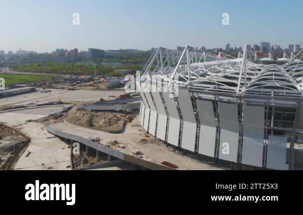 Aerial view on construction and reconstruction of football stadium ...