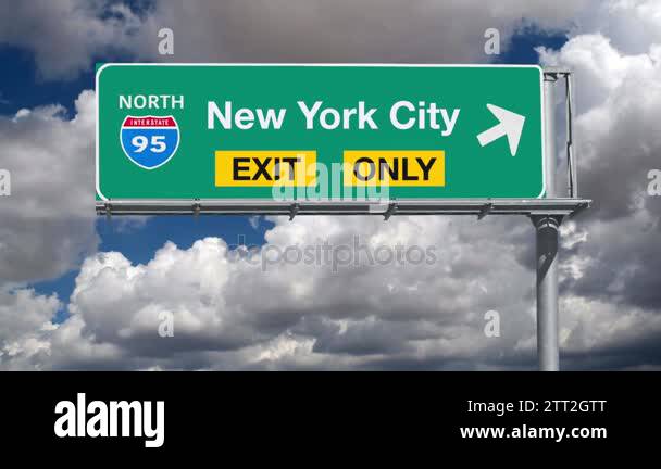 New York City Interstate 95 Exit Sign with Time Lapse Clouds and Zoom ...