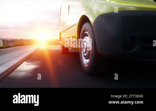 Yellow delivery van on highway. Very fast driving. Transport and ...
