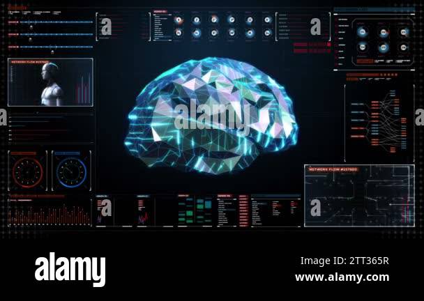 Low polygon Brain, connect digital lines in digital display interface, grow future artificial ...