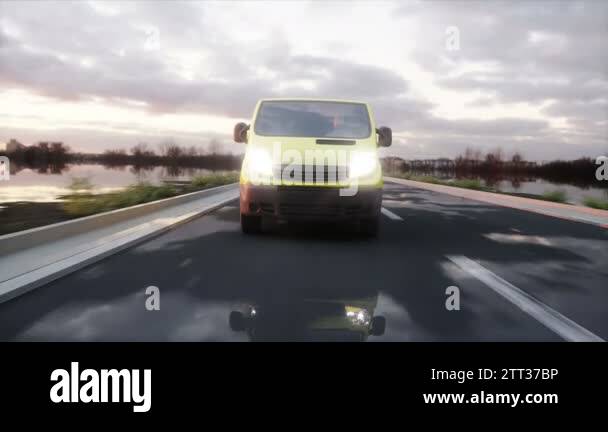 Yellow delivery van on highway. Very fast driving. Transport and ...