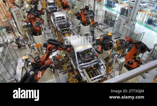body of car on conveyor top view. Modern Assembly of cars at the plant ...