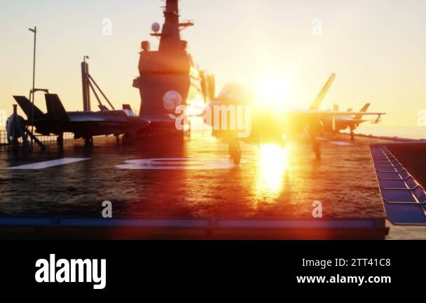 Jet, fighter on aircraft carrier in sea, ocean . War and weapon concept ...