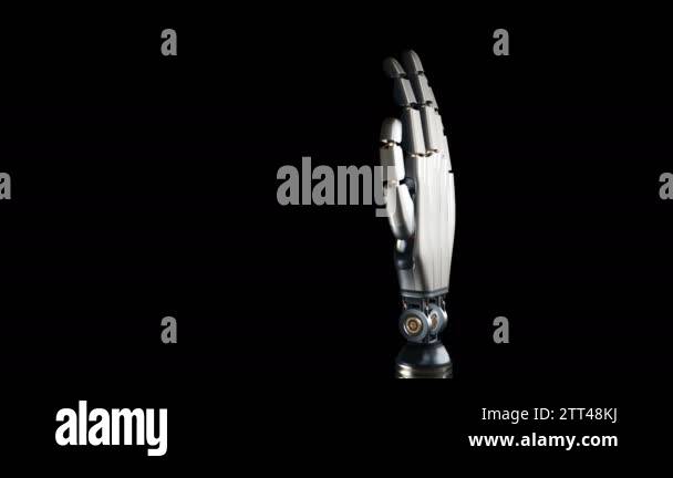 Robotic palm shows Ok symbol. Futuristic arm, metal shines, black ...