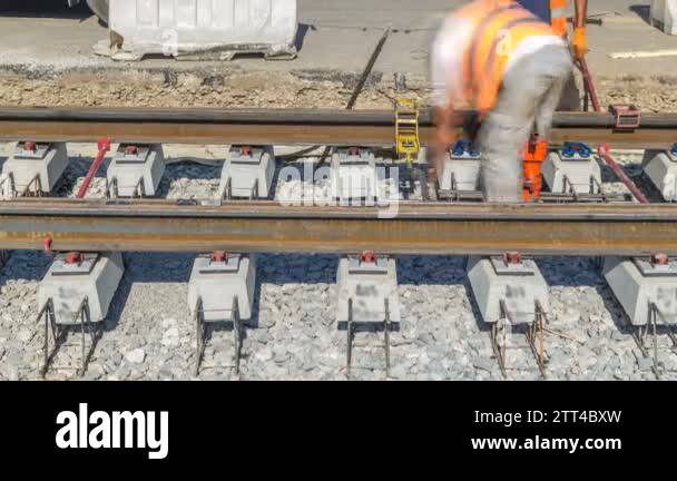 Repair works on the street timelapse. Laying of new tram rails on a ...