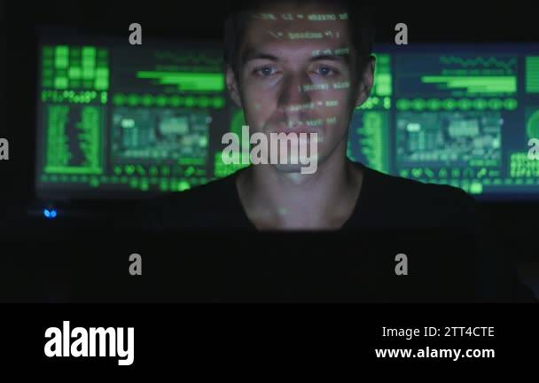 Hacker Programmer Working On A Computer While Green Code Characters 3876