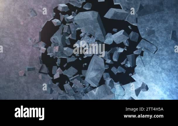 Explosion destroys the wall, broken concrete wall. Fragments of ...