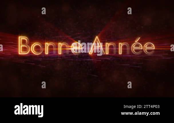 "Happy New Year" text in French "Bonne Annee" loop animation over dark ...