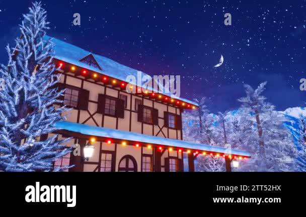 Cozy snow covered half-timbered rural house illuminated by christmas ...