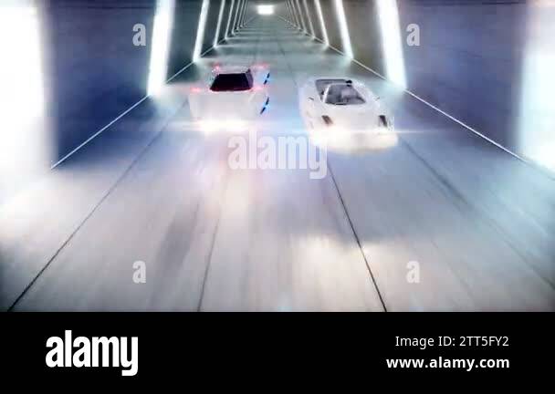 futuristic race. flying cars fast driving in sci fi tunnel, coridor ...
