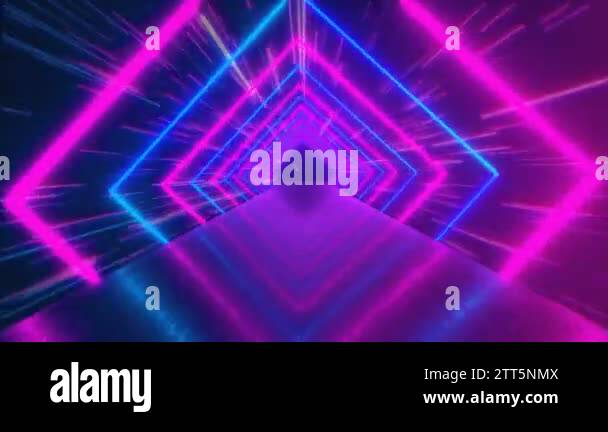 Flying through glowing rotating neon squares creating a tunnel, blue ...